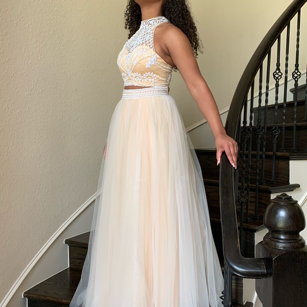 New Cream Formal Gown With White Beading - Gem